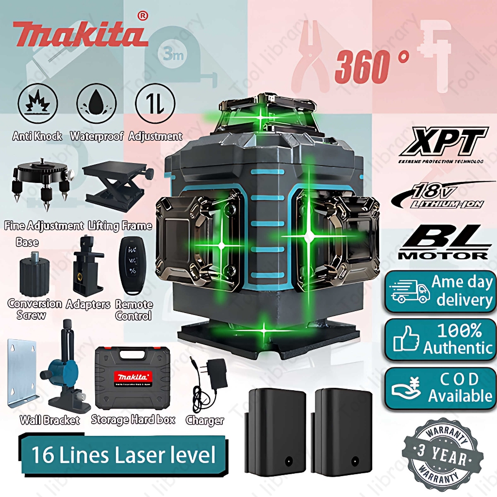 Makita 16 Lines Adjustable Laser Level 360° Rotary Cross Auto Measuring ...