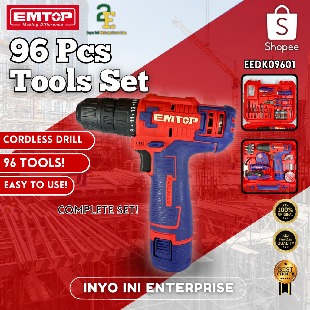 EMTOP Heavy Duty 96 Pcs Tools Set EEDK09601 (12 Volts, Complete Tools Set, Portable & Easy to ...