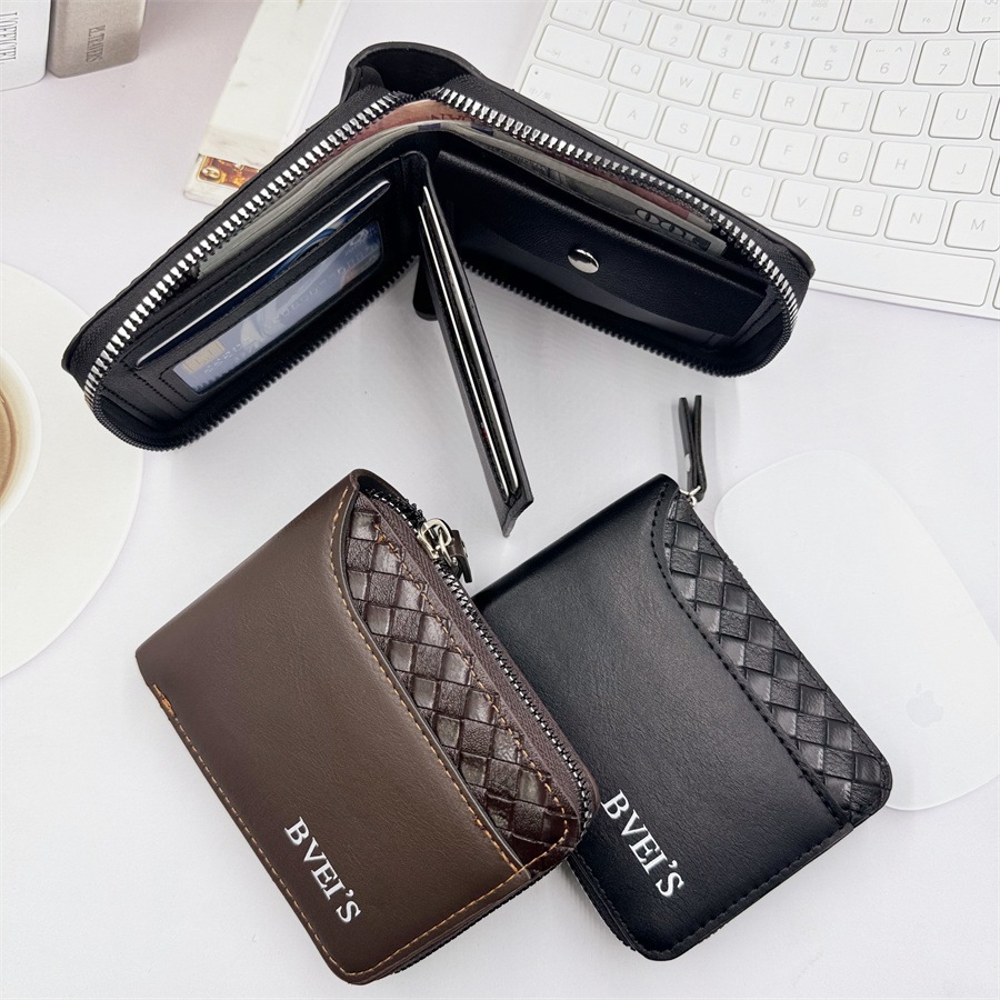 Men'S Sleek Compact Wallet Horizontal Zippered Bifold With Woven ...