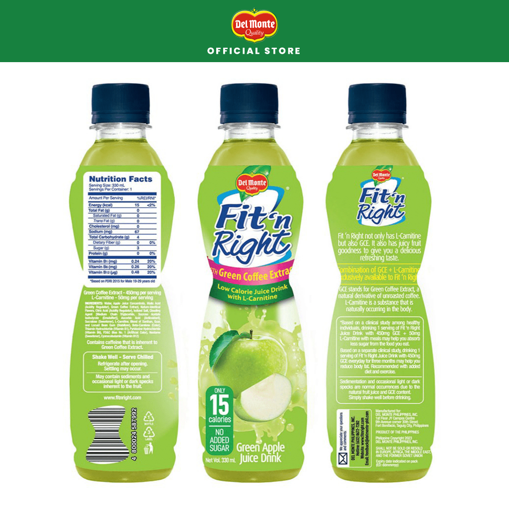 DEL MONTE Fit 'n Right Classic Green Apple 330ml x 12 | Shopee Philippines
