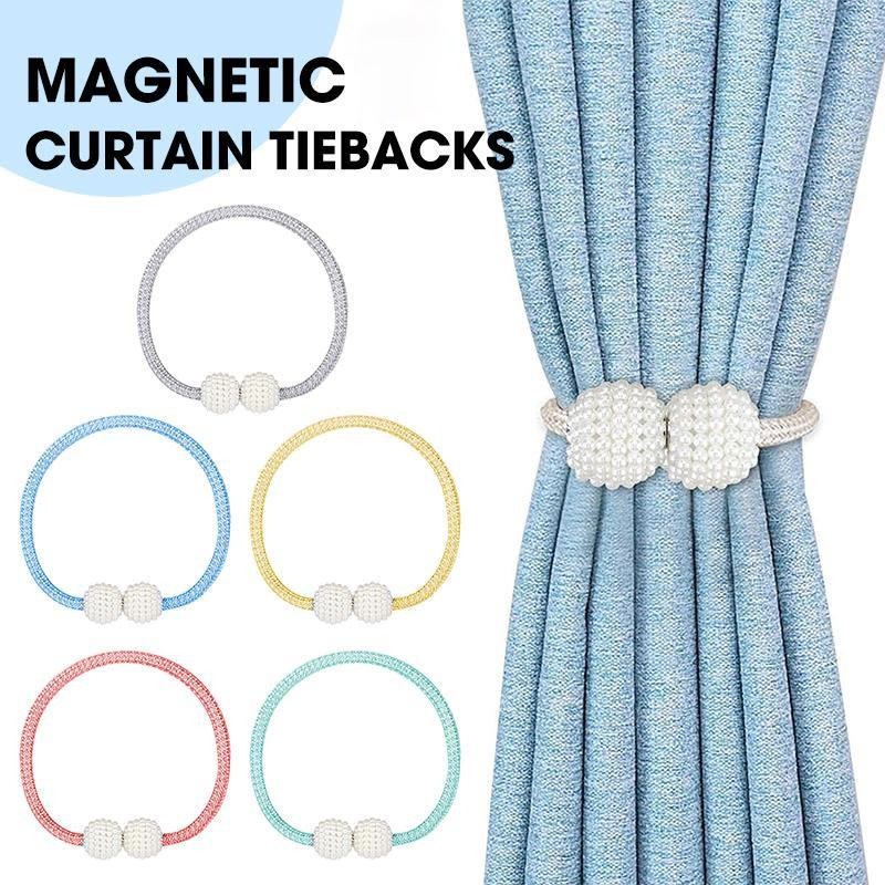 Magnetic Buckle Curtain Belt Tiebacks Braided Pearl Ball Buckle Punch ...