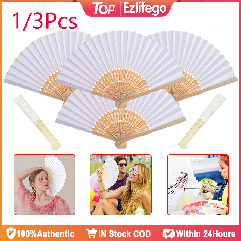 3Pcs Wedding White Paper Hand Fan Bridal Dancing Props Bamboo Folding ...