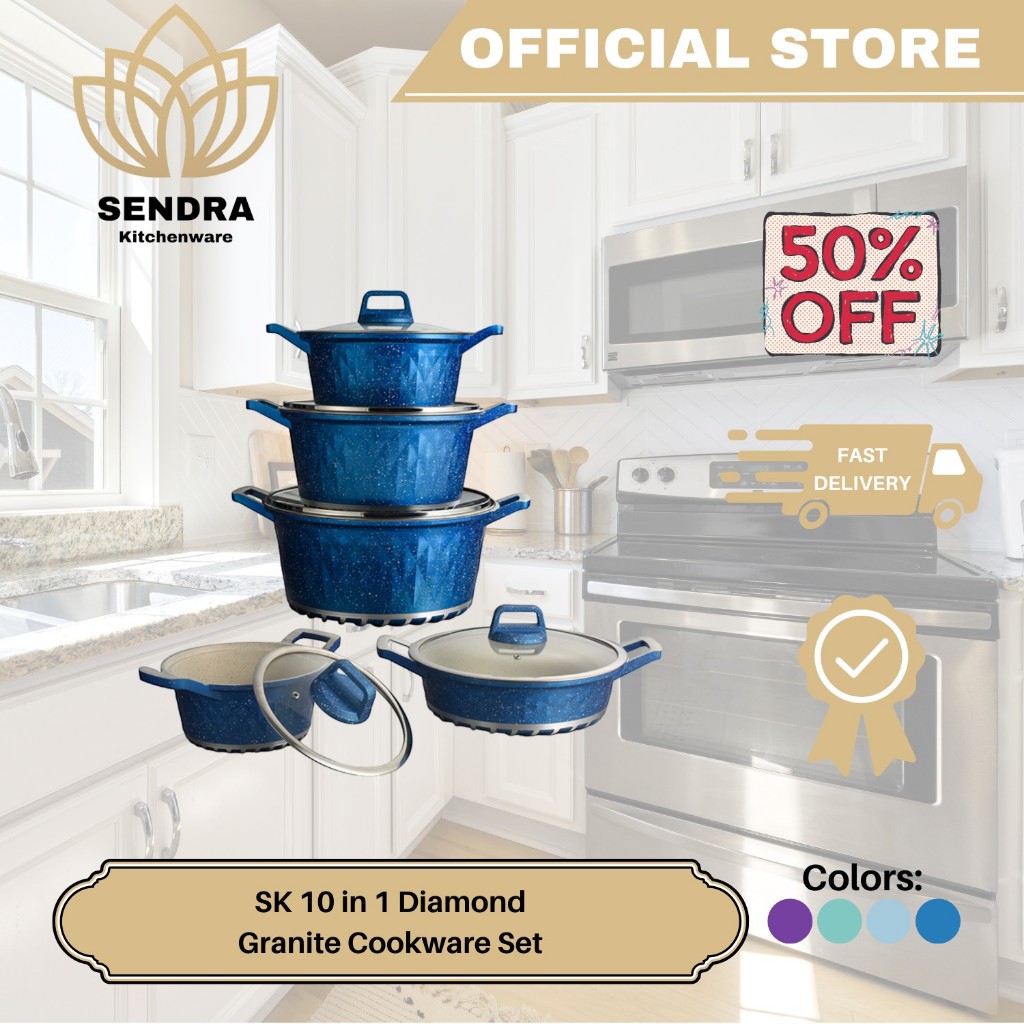 SENDRA KITCHENWARE 10 in 1 Diamond Pattern Granite Marble Cookware Set ...
