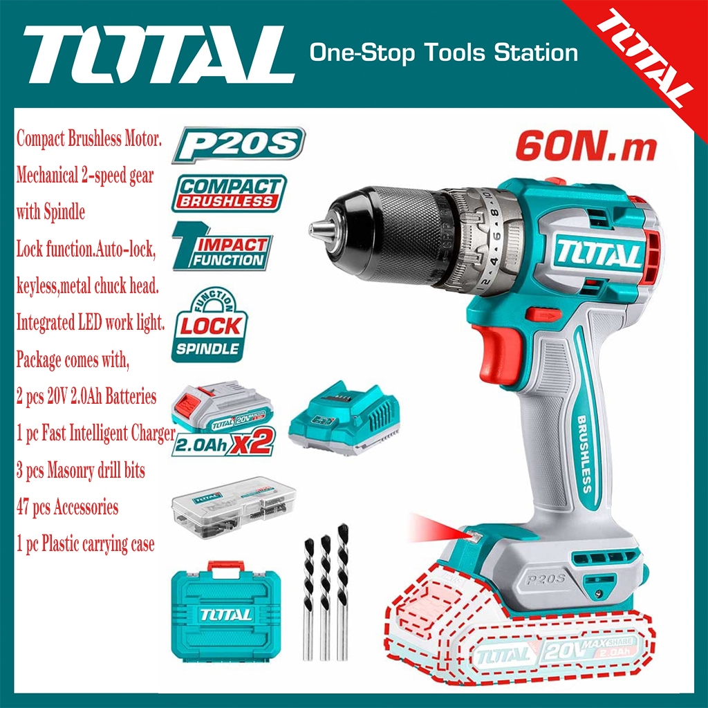 TOTAL Lithium-Ion Compact Brushless Impact Drill 20v TIDLI20602 | Shopee Philippines