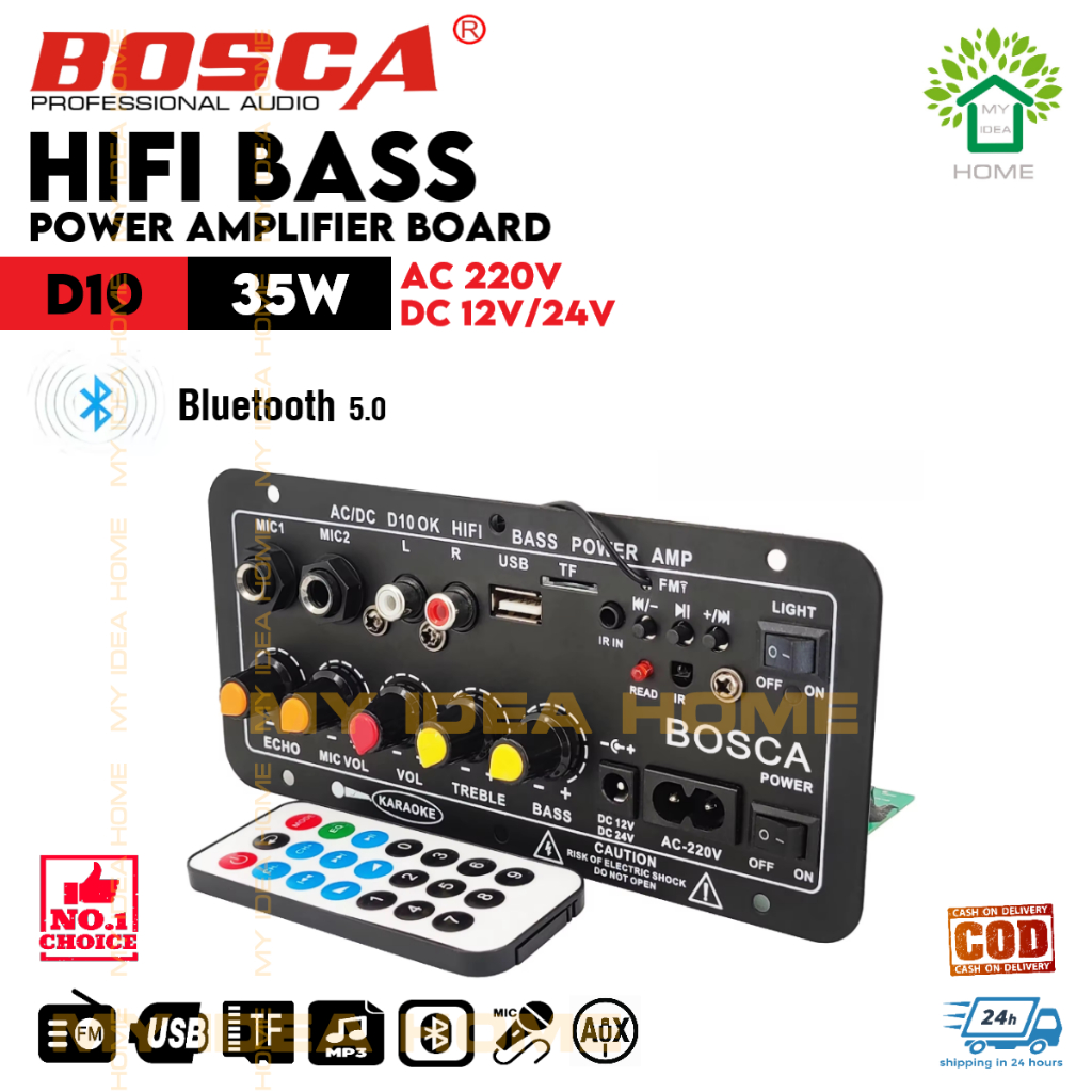Bosca 35W HIFI Bass Power Amplifier Board AC220V DC12V/24V Dual Mic Car ...