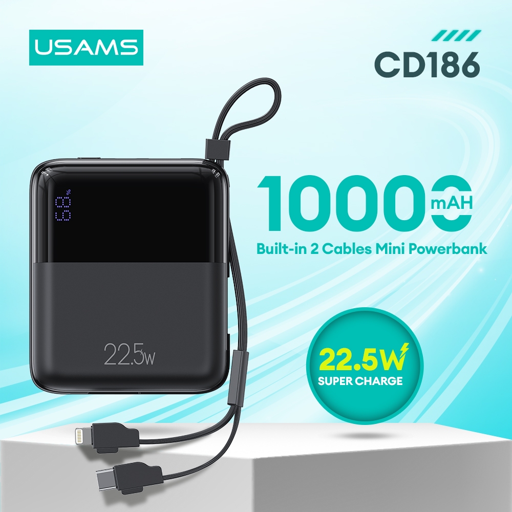 USAMS CD186 10000mAh Mini Power Bank PD22.5W with Built-in Cable Type-C ...