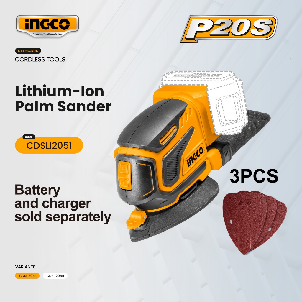 Ingco 20V Lithium-Ion Cordless Rotary Palm Sander Sheet Wood Sander ...