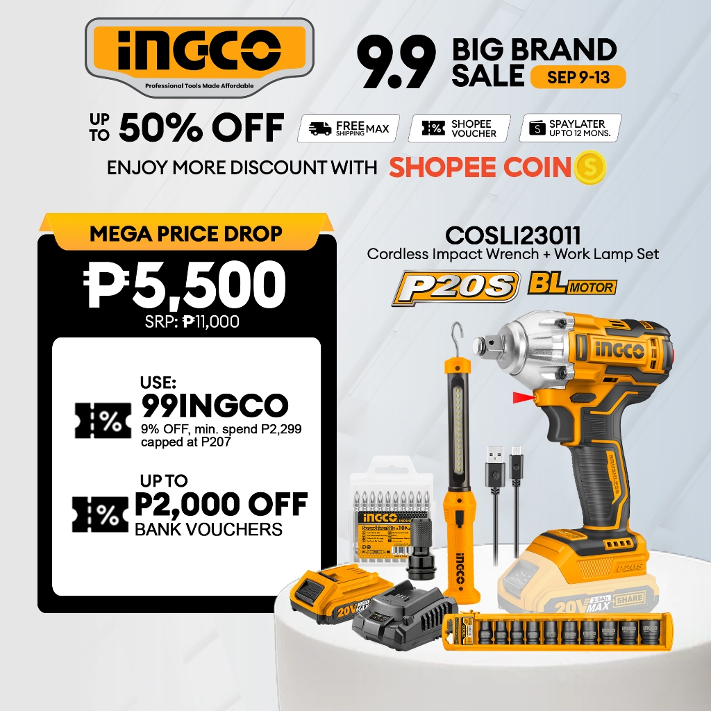 Ingco Cordless 20V Brushless Lithium-Ion Impact Wrench Power Tool For ...