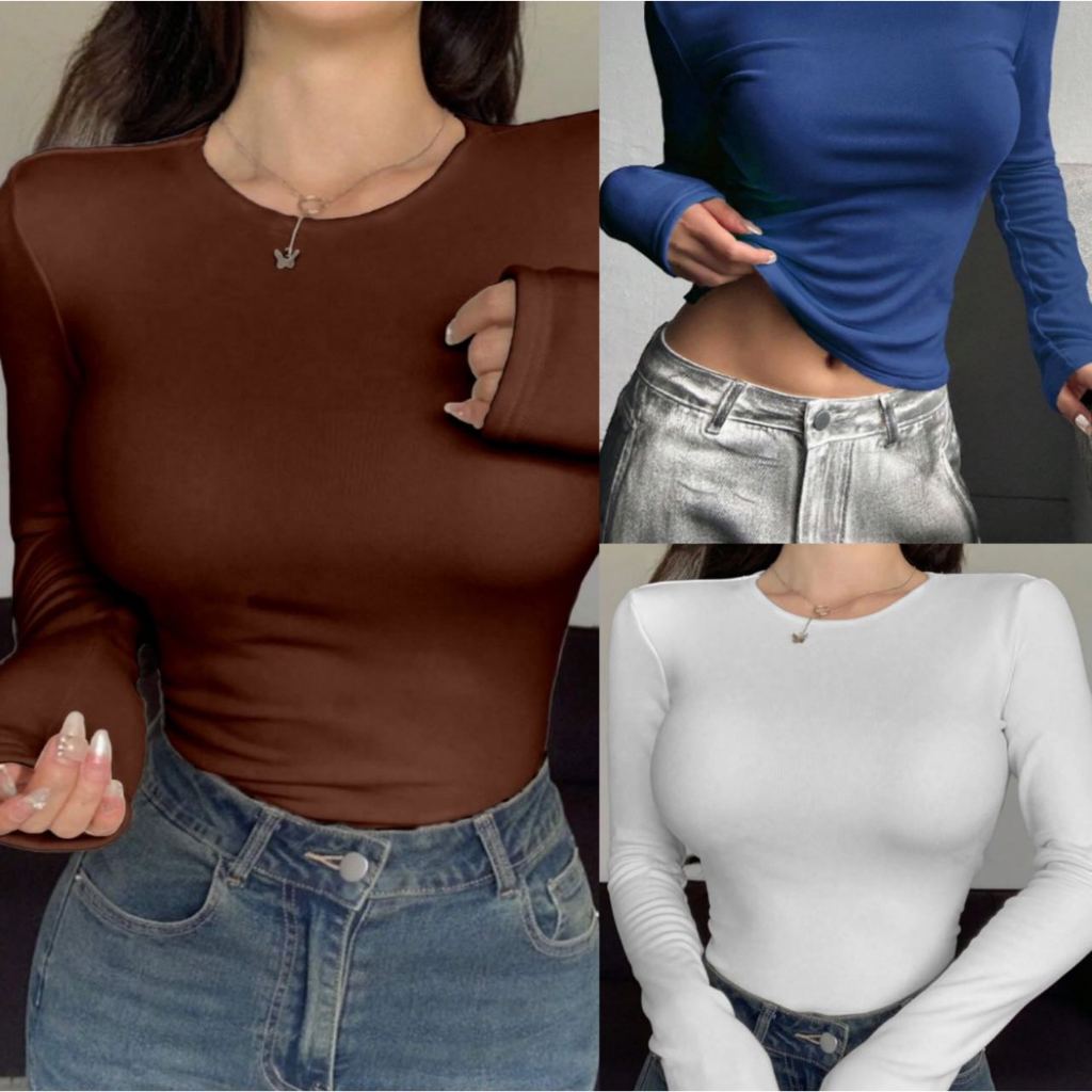 Sanah.H Double Lining Lonsgleeves Basic Solid Top Body Hugging Top for ...