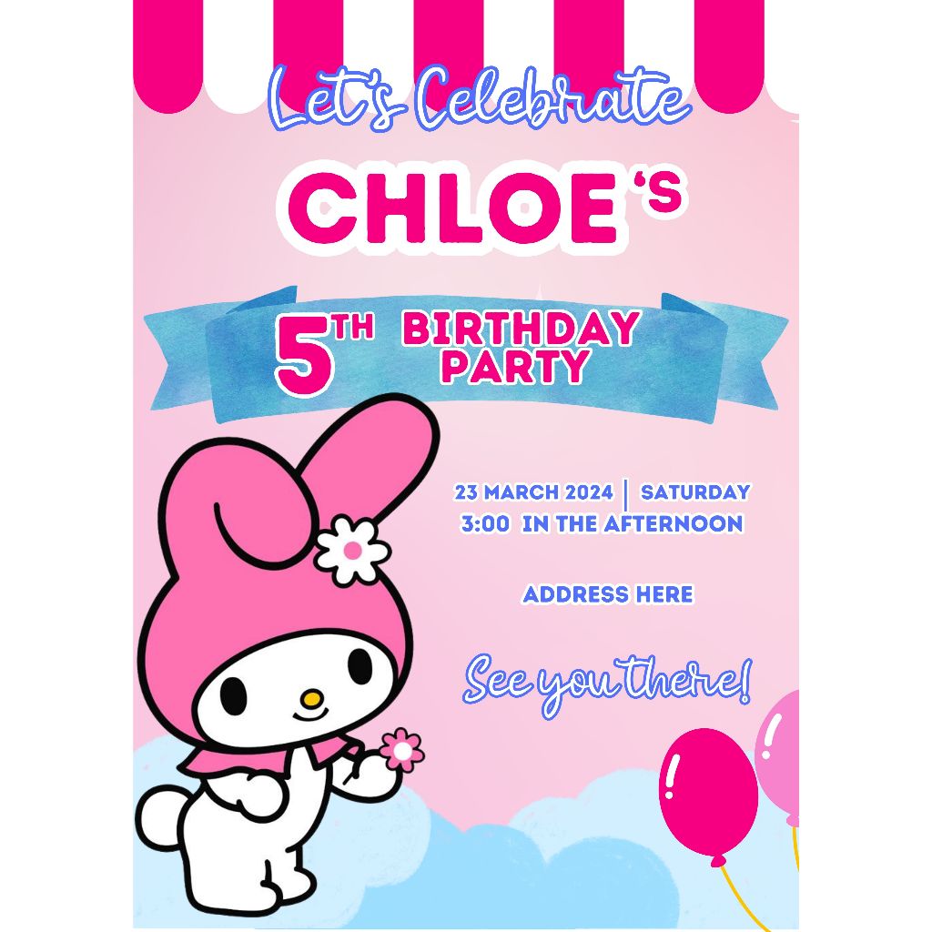 Sanrio Themed Birthday Invitation Card Melody Kuromi Cinnamorol Theme ...