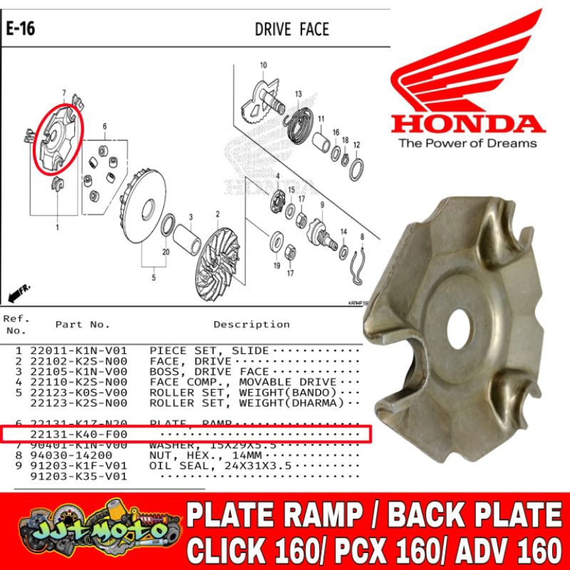 HONDA PLATE RAMP/BACK PLATE (CLICK 160/ PCX 160/ ADV 160) 22131-K40-F00 ...
