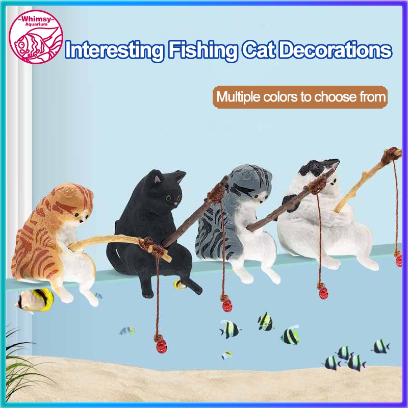 Fishing Cat Ornaments Resin Figurine Cartoon Cat Statue for Fish Tank ...