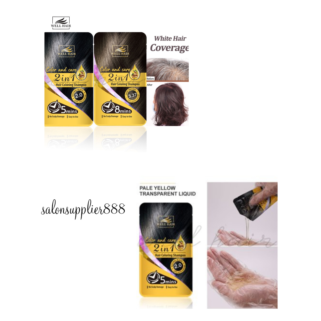 Well hair Color and care 2in1 coloring Shampoo Covering White hair 30 ml Black and dark Brown ...