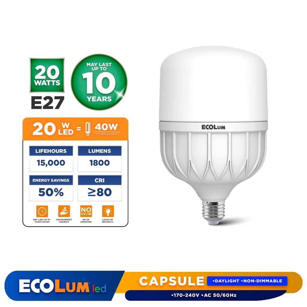 Ecolum LED Lamps Capsule E27 ( DAYLIGHT ) Non-Dimmable Long Life ...