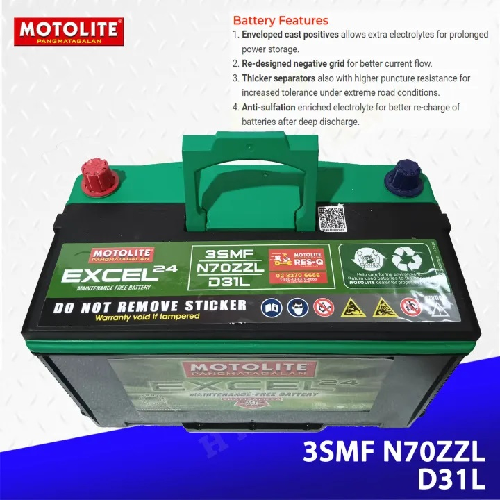 MOTOLITE Excel 3SMF / N70ZZL /D31L Maintenance Free Car Battery with 24 months warranty | Shopee ...