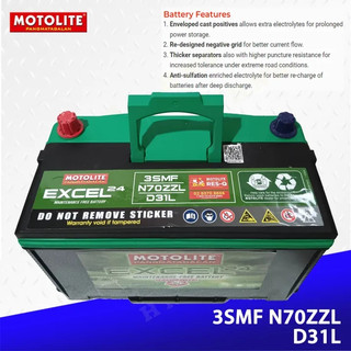 MOTOLITE Excel 3SMF / N70ZZL /D31L Maintenance Free Car Battery with 24 ...