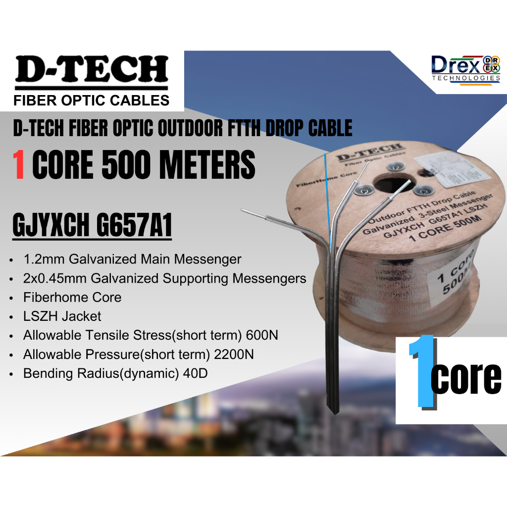 D-Tech FTTH Drop Cable 1Core 500M G657A1 - With 3-Steel Messenger Wire ...
