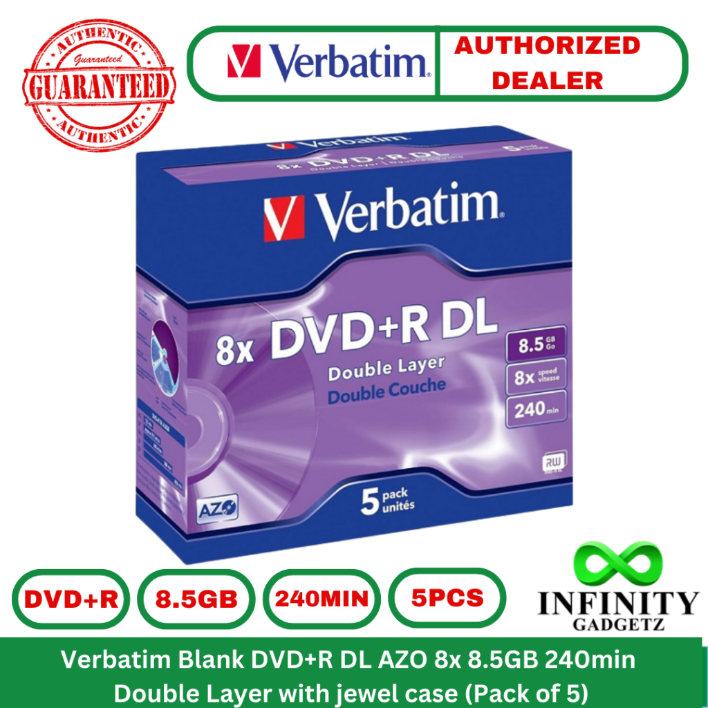 Verbatim Blank DVD+R DL AZO 8x 8.5GB 240min Double Layer (Pack of 5) with jewel case 43541 ...