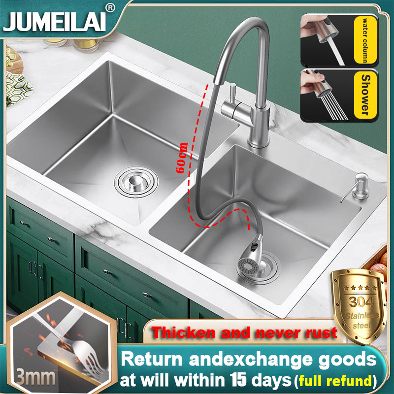 【Free Drain&Basket 】Kitchen sink 3MM Thickness double Sink SUS 304 ...