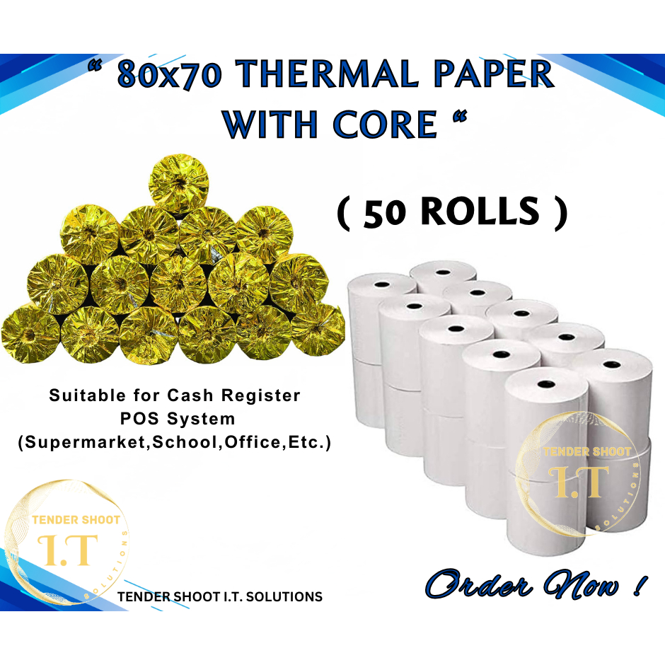 50 ROLLS of Thermal Paper 80x70 80mm x 70mm (with Core) | Shopee ...