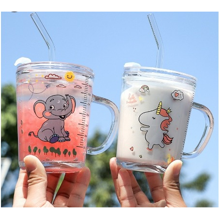 T18 Kids milk cup glass with straw Child cartoon animal series 400ML ...