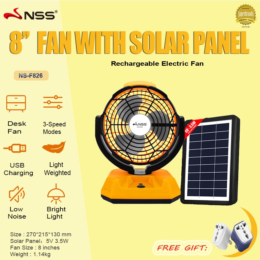 NSS Solar Fan Rechargeable Electric Fan Mini 8 inch Fan with Panel LED ...