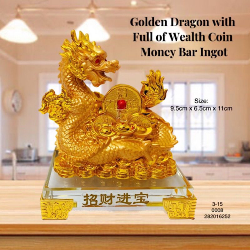 Golden Dragon with Full of Wealth Coin Money Bar on Glass Stand For ...