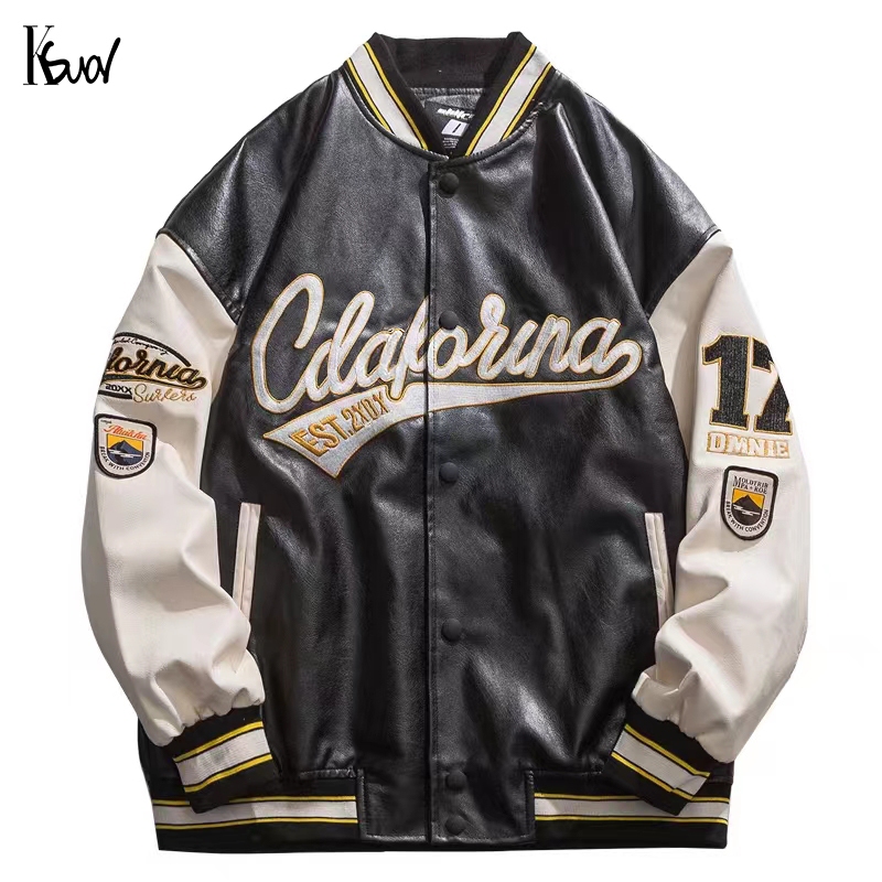KSUAL Baseball Leather Jacket For Men Black University Couple Jacket ...