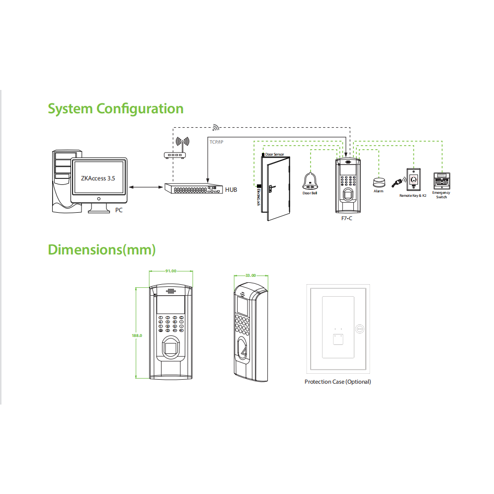ZKTECO F7-C/ID Stand-Alone Fingerprint & Time Attendance Reader 12V DC ...