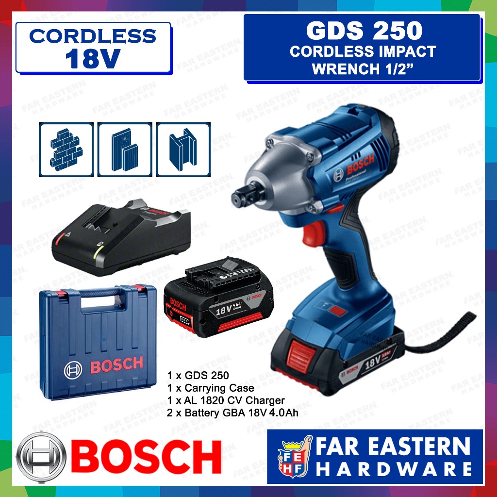 BOSCH GDS 250 Cordless Impact Wrench 1/2" w/ Battery, Charger & Case ...