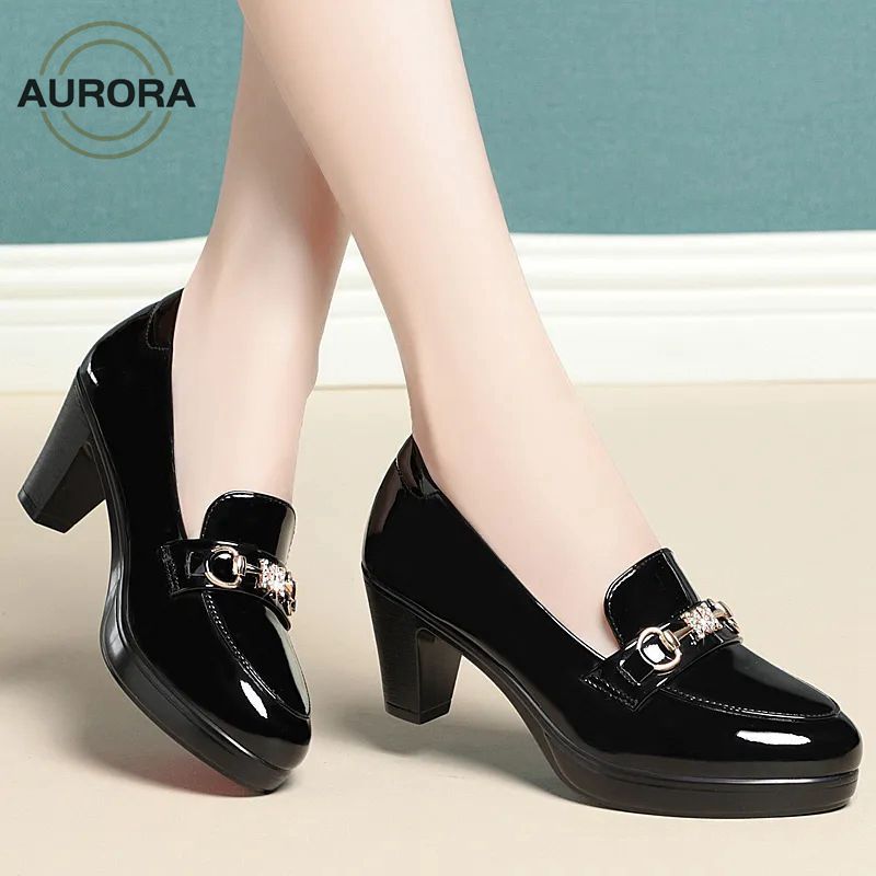 AURORA Black Thick Heel Loafers For Women Glossy Patent Leather ...