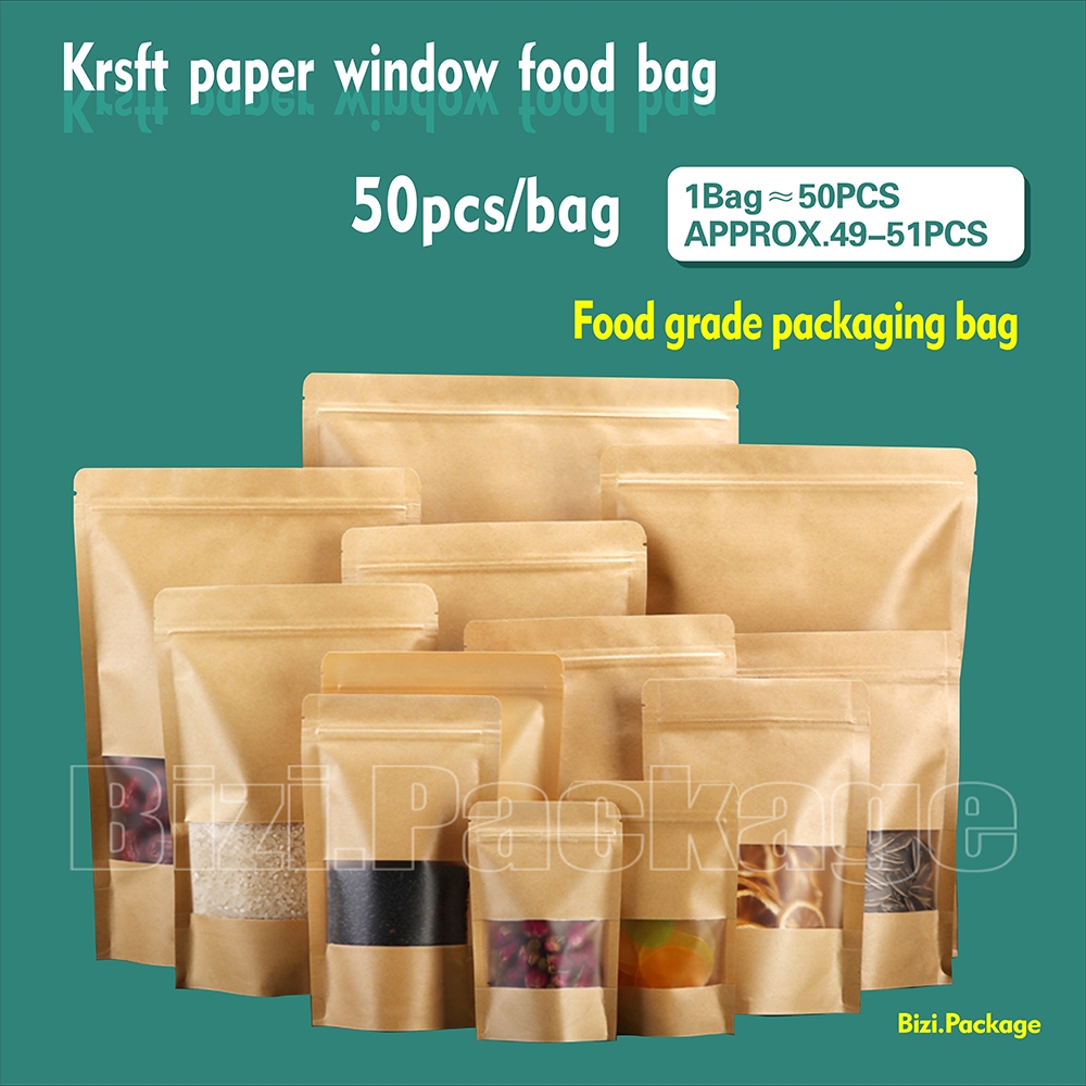 50pcs Brown Kraft Stand Up Pouch Plastic Paper Bag Packaging with ...