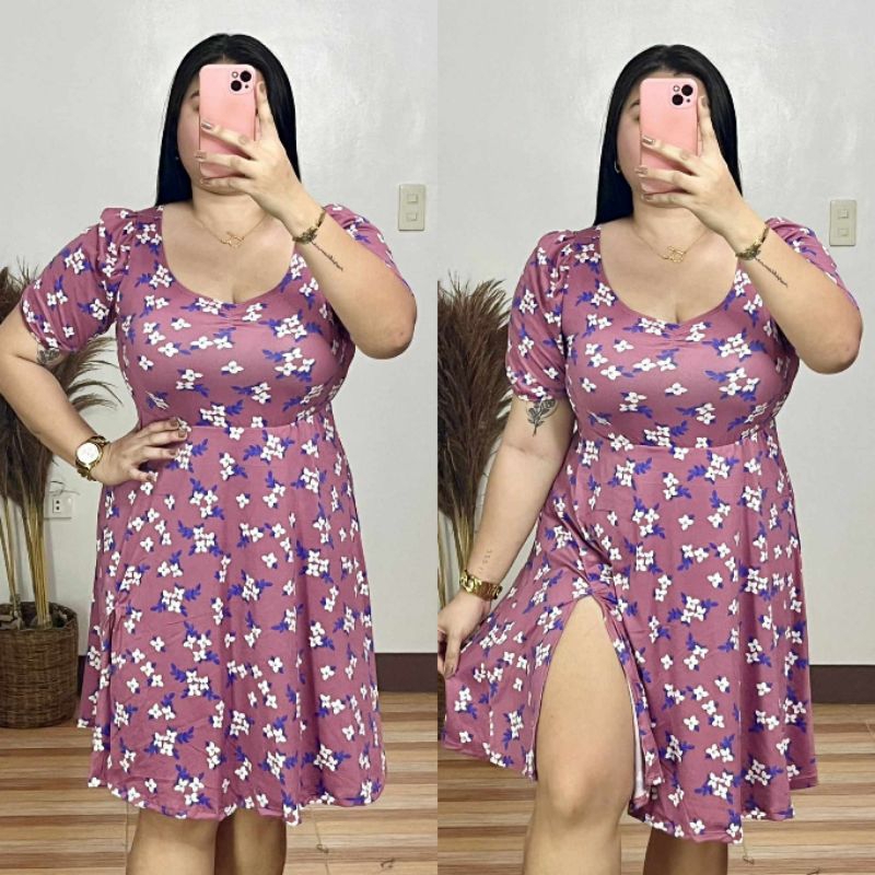 Plus Size Rhea Rutched Floral Slit Dress (Garter waist) | Shopee ...
