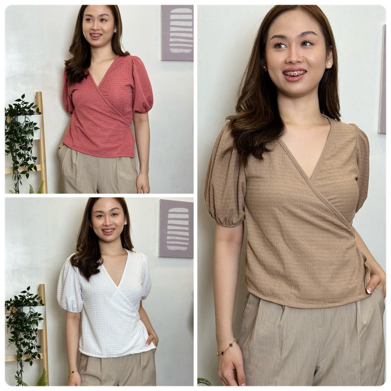 UNIQ.MNL Namie puff sleeves wrap around Casual Top | FREESIZE | Shopee Philippines