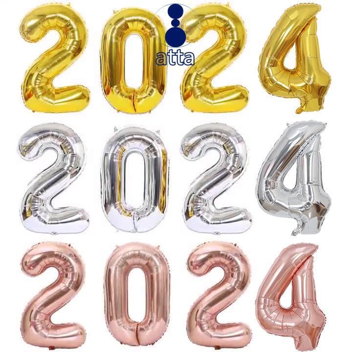 atta 16inch 2024 New Year Complete Gold Rose gold Silver Number Balloon ...