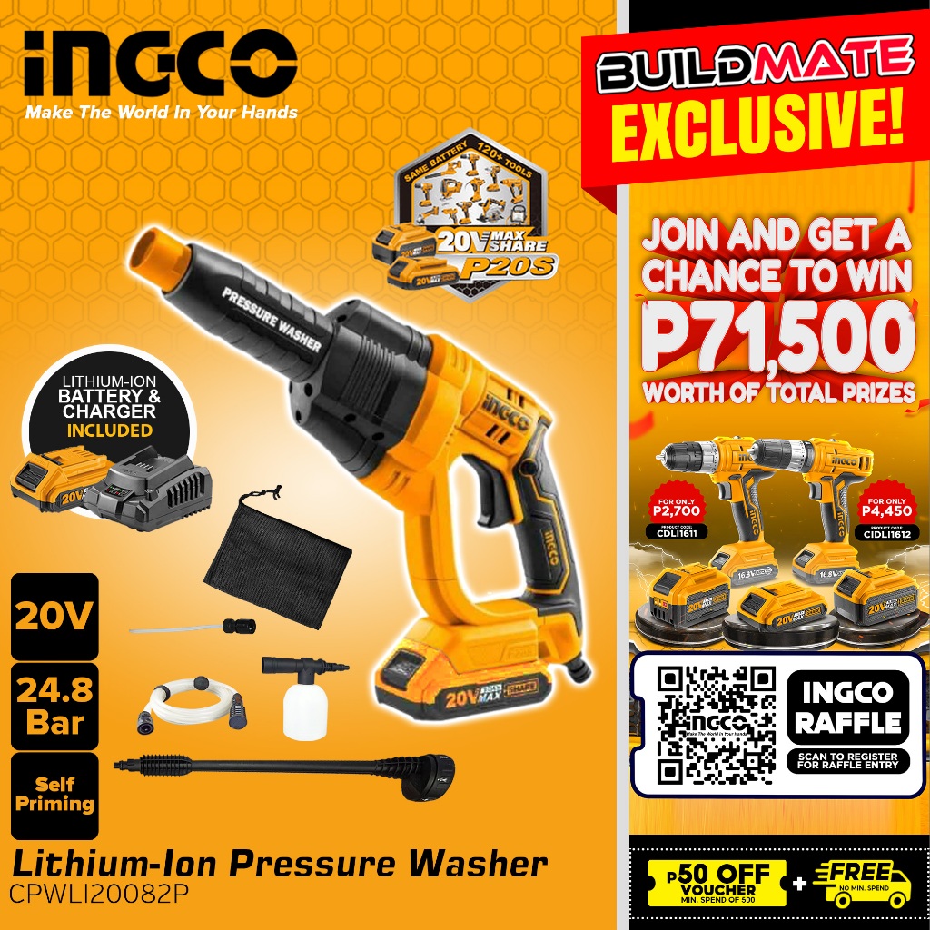 BUILDMATE Ingco Li-Ion Cordless Pressure Washer 20V Car Wash Sprayer ...