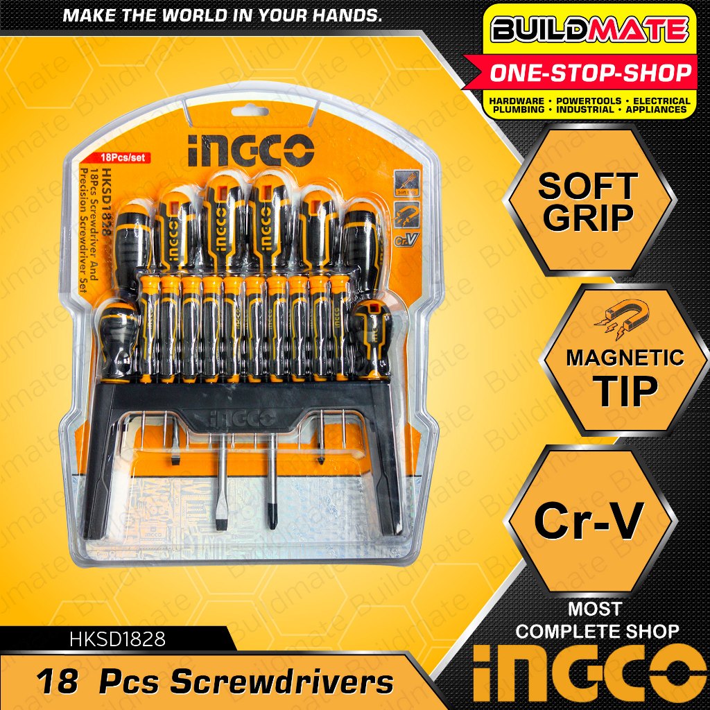 BUILDMATE Ingco 18PCS Screwdriver Set Flat & Philip Round Shank Repair ...