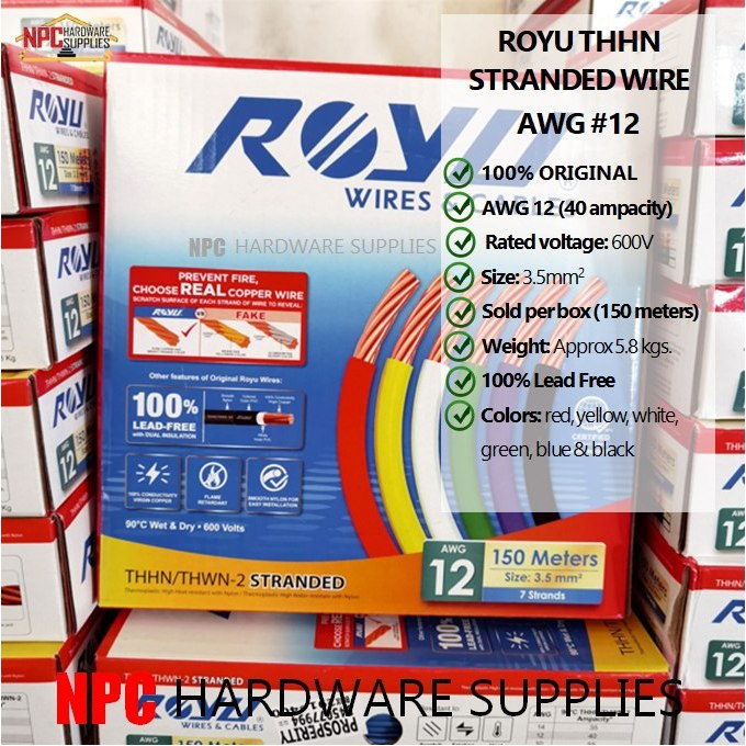 ORIGINAL ROYU THHN / THWN 2 AWG 12 3.5 mm Stranded Wire 7 strands 150 ...