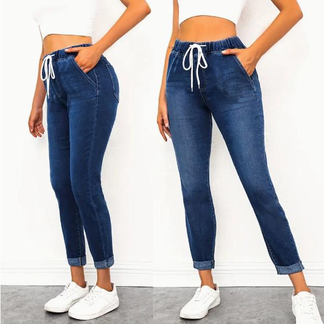 Dark Blue Drawstring Elastic Waist Skinny Jeans, Slim Fit High Stretch ...