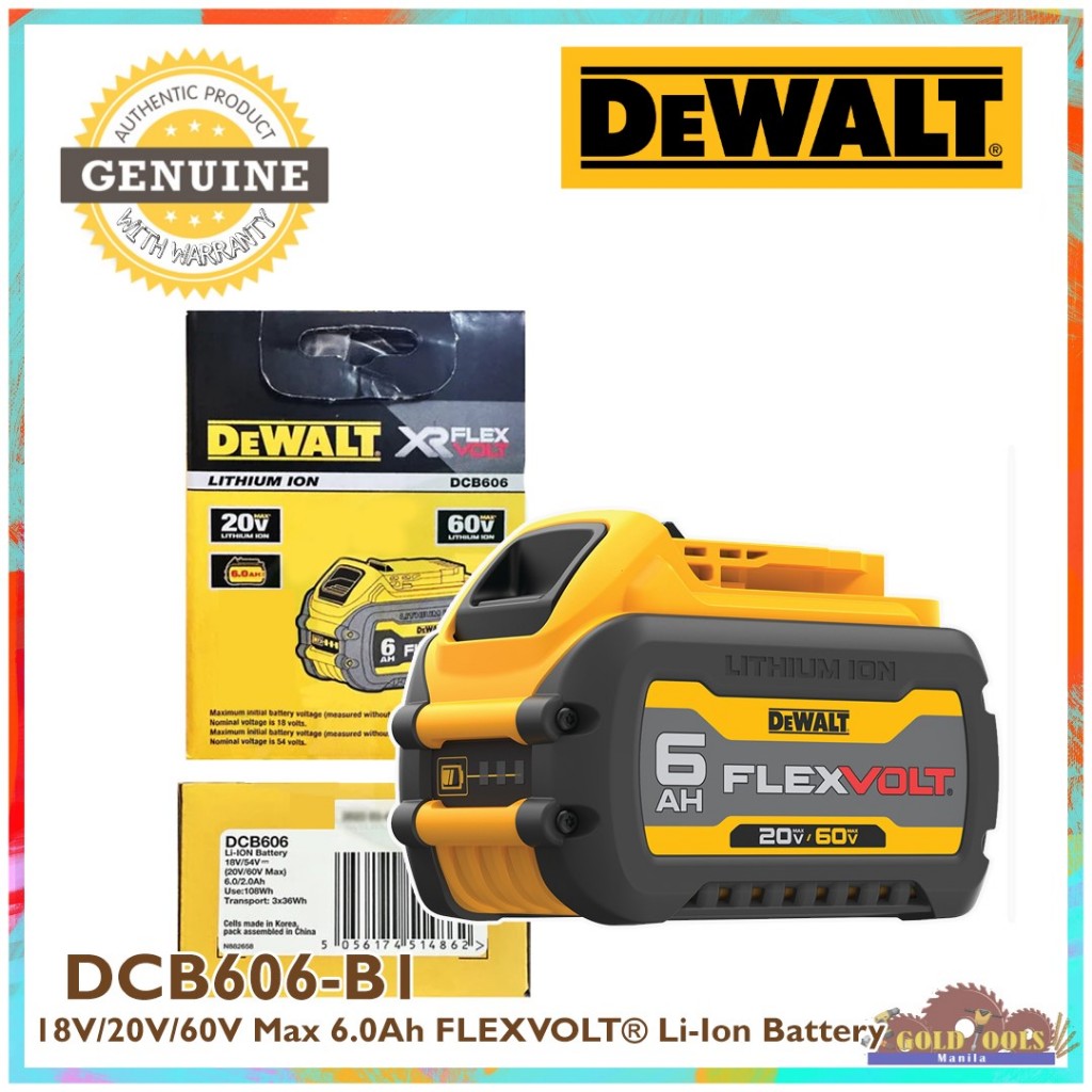 DeWalt DCB606 -B1 18V/20V/60V Max 6.0Ah FLEXVOLT® Li-Ion Battery ...