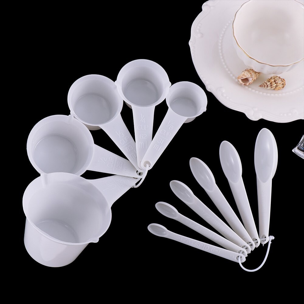 Set Of 11 Plastic Measuring Cups and Spoons Set with Ring Holder (White ...