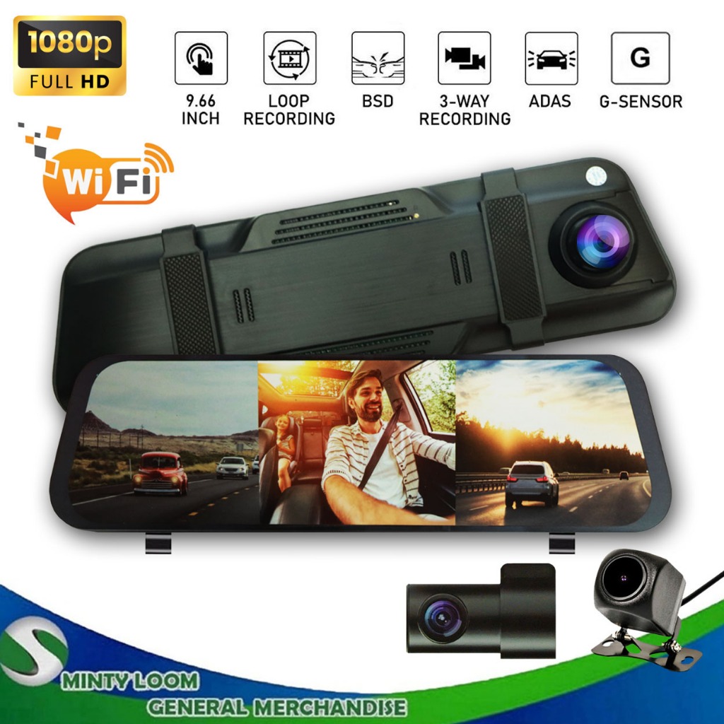 Vehicle Blackbox DVR 9.66 Inch 1080P FULL HD 3 Way Camera WiFi ...