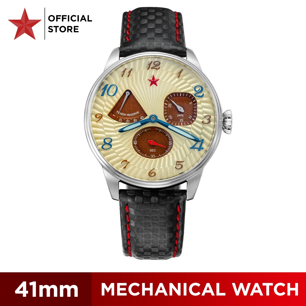 Red Star Textured Cream Dial Seagull Power Reserve Movement Mechanical ...