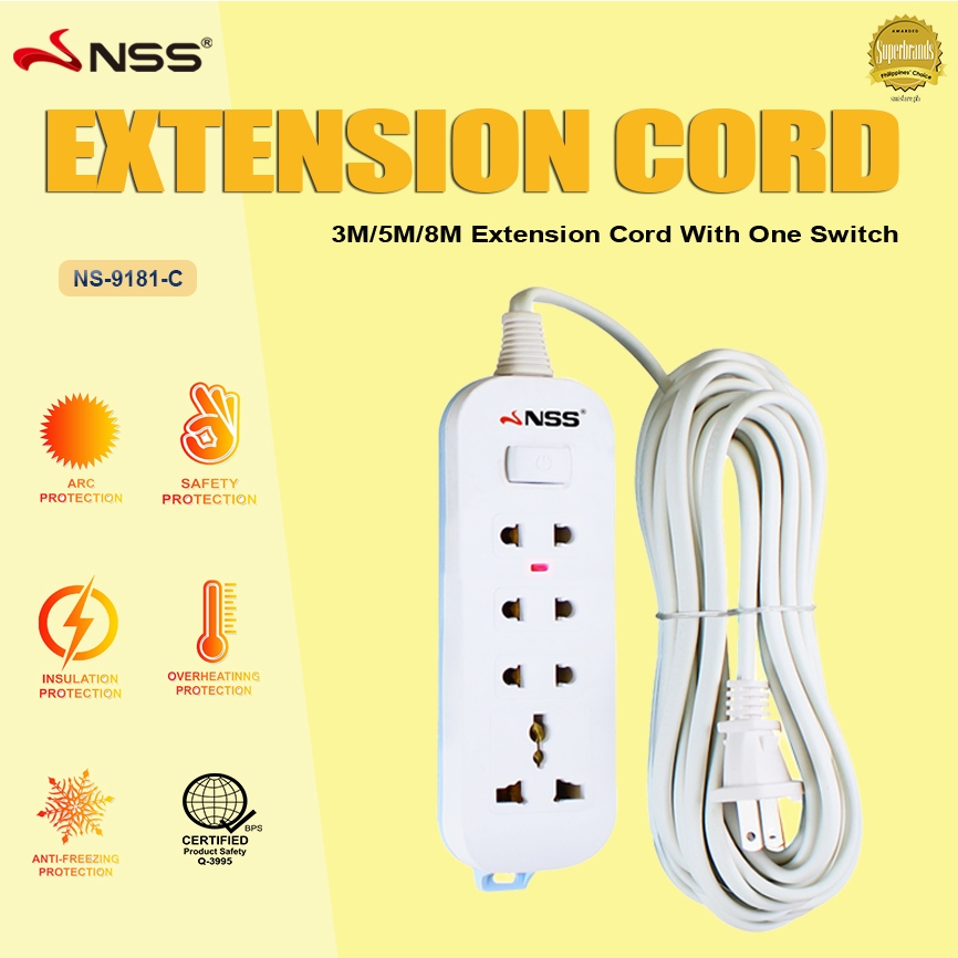 NSS Color Extension Cord 4 Gangs with 1 Switch 250V 2500W 3 Meters/5 ...