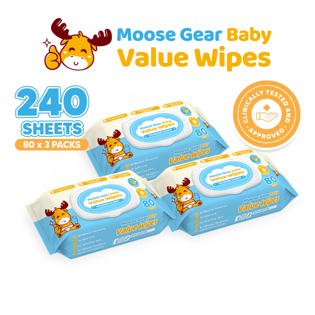Moose Gear Baby Value Wipes Powder Scent 240s (3PACKS) Hypoallergenic w ...