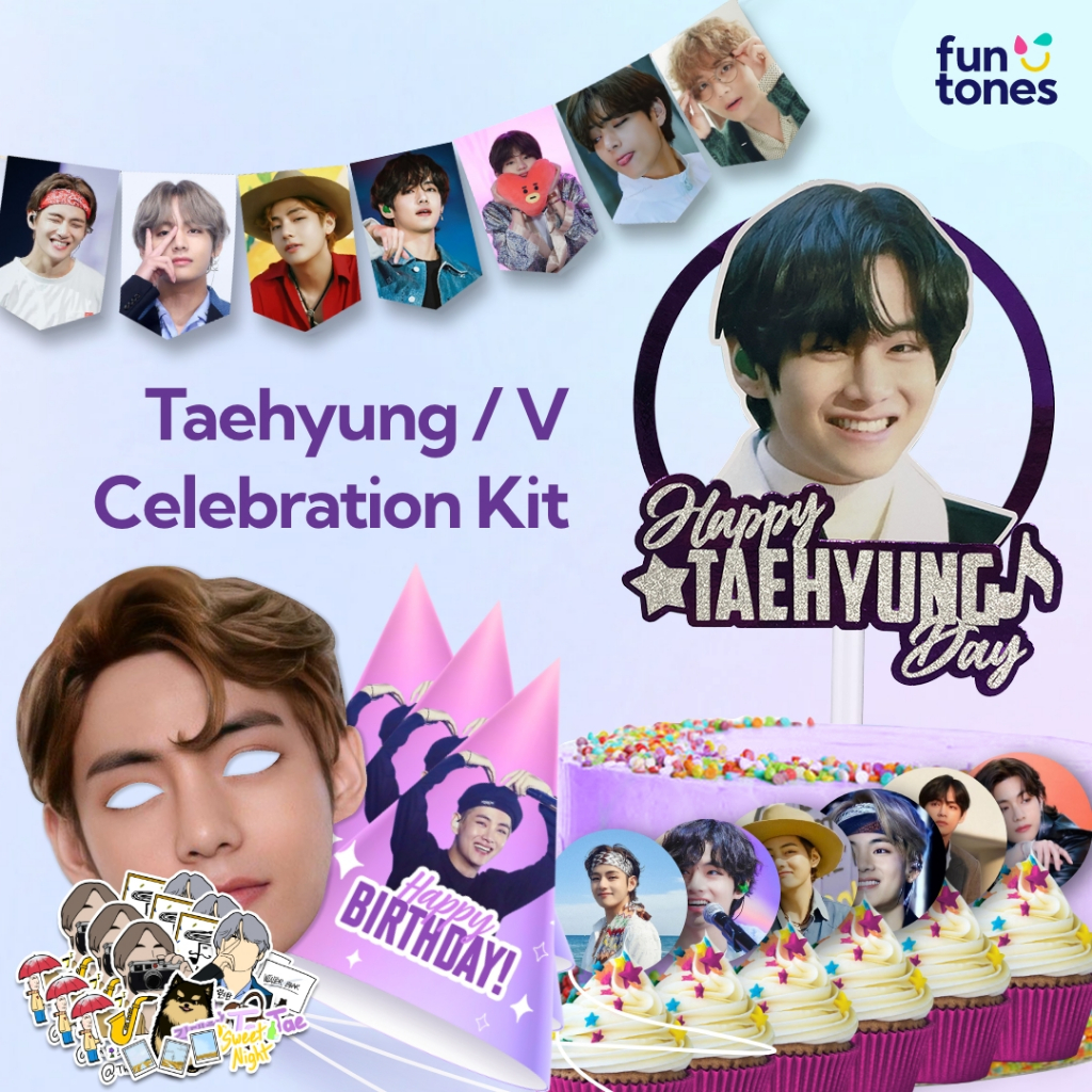 BTS V Taehyung Birthday Celebration Kit Cake Topper Cupcake Mask Straw ...
