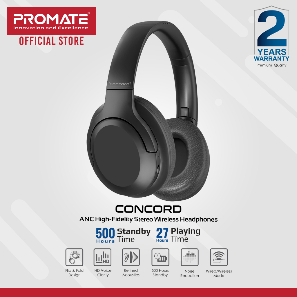 Promate Concord ANC High-Fidelity Stereo Wireless Bluetooth Headphones ...