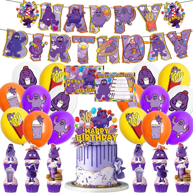 YP GRIMACE Happy Birthday Banner Decoration Set Paper Cake Topper Latex Balloons Cupcake Toppers ...