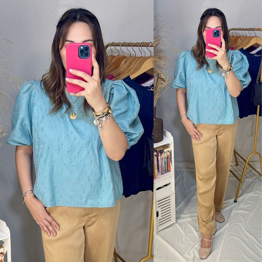 PLUS SIZE CHUBBY WOMEN Top Blouse Puff Sleeves XL 2XL 3XL Linen Eyelet ...
