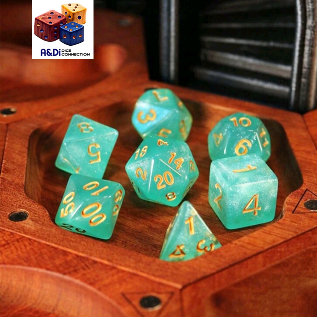 Polyhedral Dice Set (7pcs) Stardust Black, Mint, Dark Green, Yellow ...